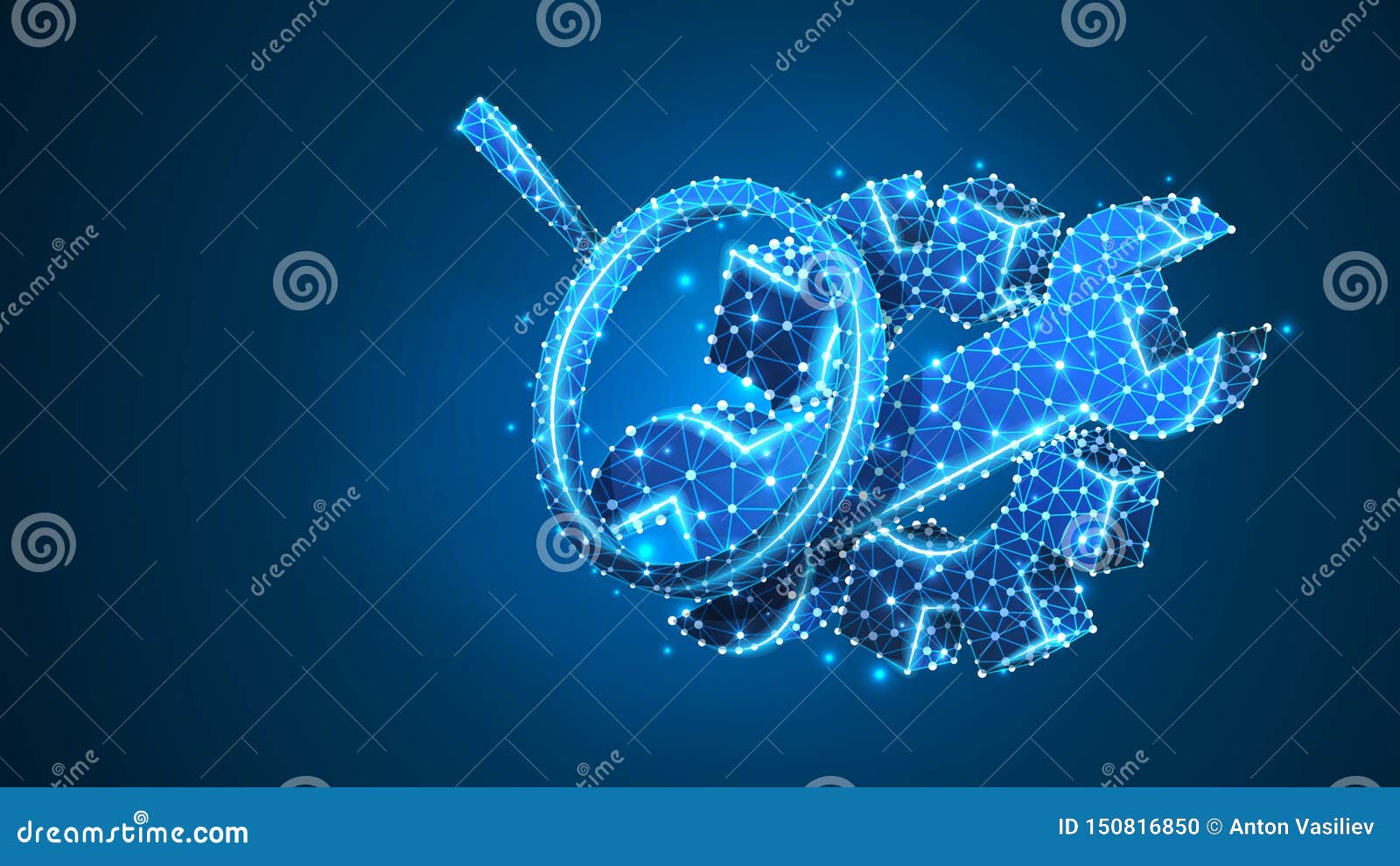 Magnifying Glass on Gear with Adjustable Wrench. Technology Solution ...