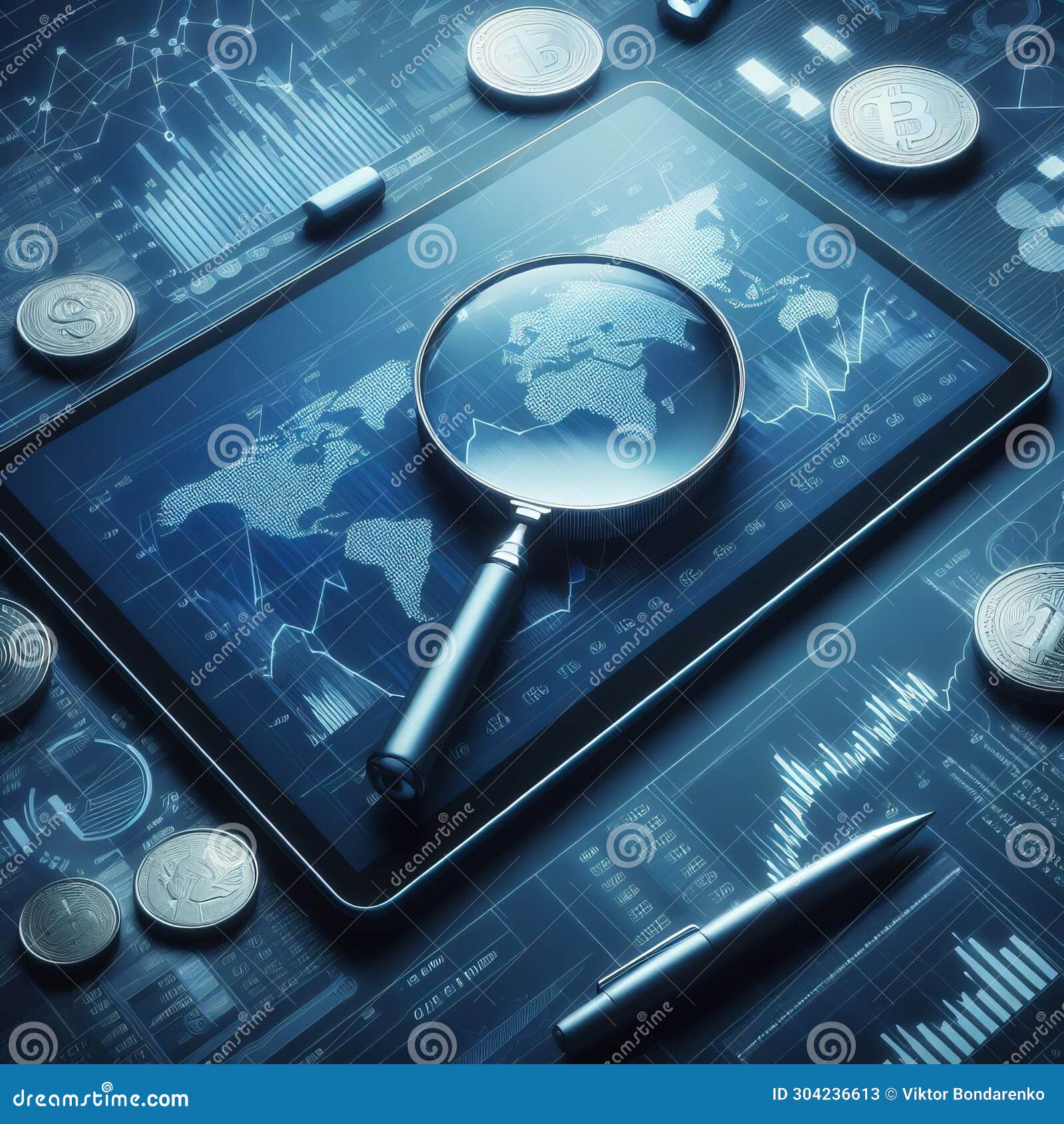 A Magnifying Glass with a Handle Lies on a Tablet with a Graph on the ...