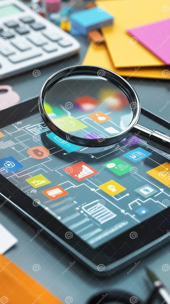 Magnifying Glass Highlighting Digital Network on Tablet Screen Stock ...