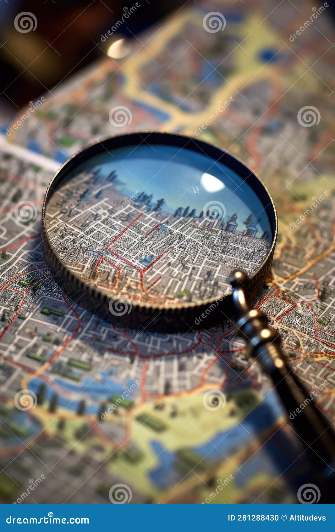 Magnifying Glass Highlighting Tiny Details on a Map Stock Illustration ...