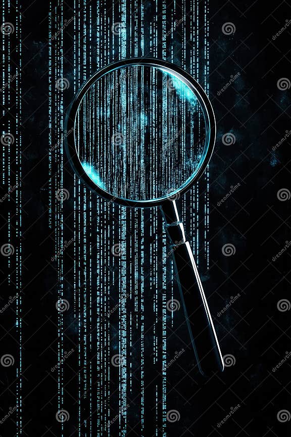 Magnifying Glass Revealing Digital Code in a Dark, Abstract Background ...
