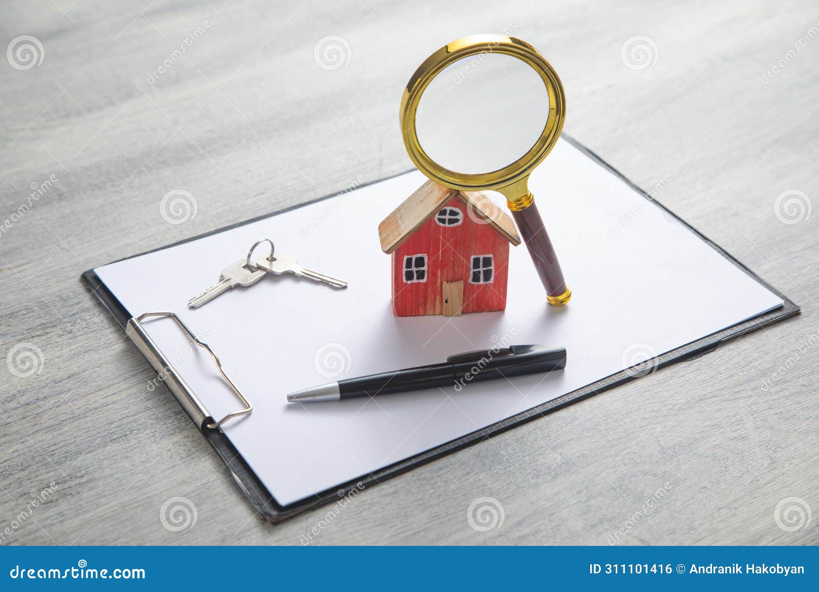 Magnifying Glass, House Model, Pen, Keys on the Clipboard Stock Photo ...