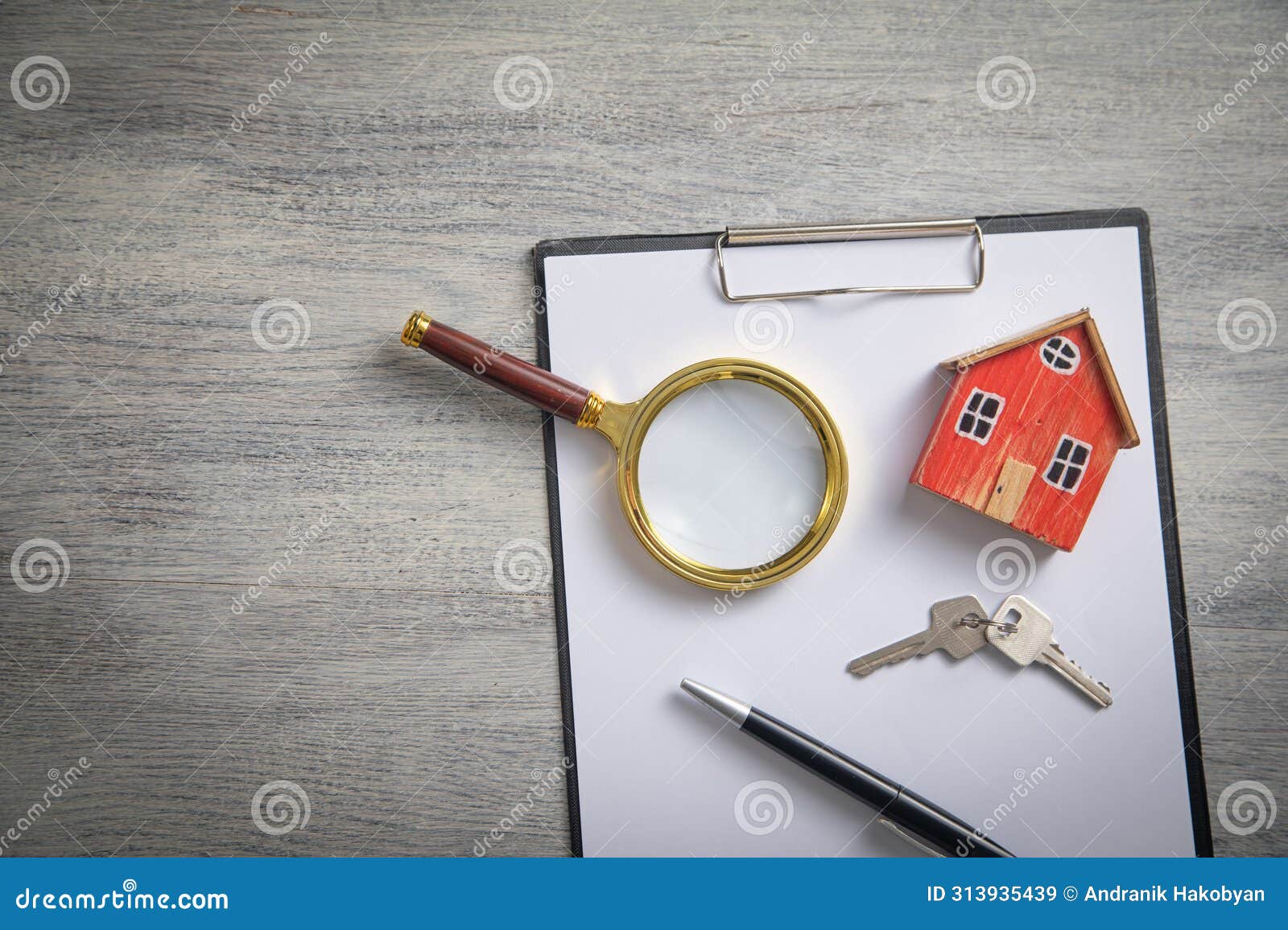 Magnifying Glass, House Model, Pen, Keys on the Clipboard Stock Image ...