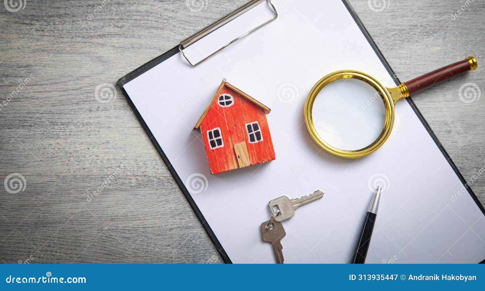 Magnifying Glass, House Model, Pen, Keys on the Clipboard Stock Image ...