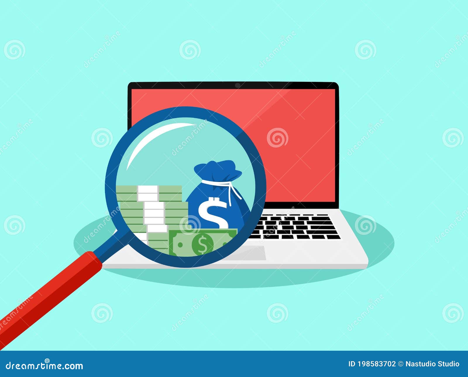 Magnifying Glass and Laptop. the Concept of Work Success is Money Stock ...