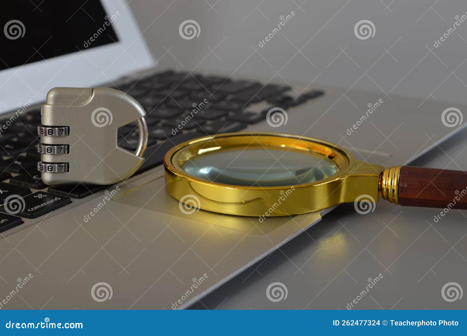 Magnifying Glass, Laptop and Padlock. Login and Password, Cybersecurity ...