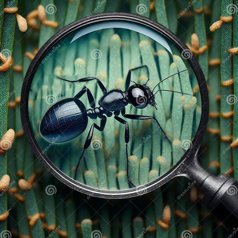 The Magnifying Glass Looking Down on Black Ant on the Grass. Stock ...