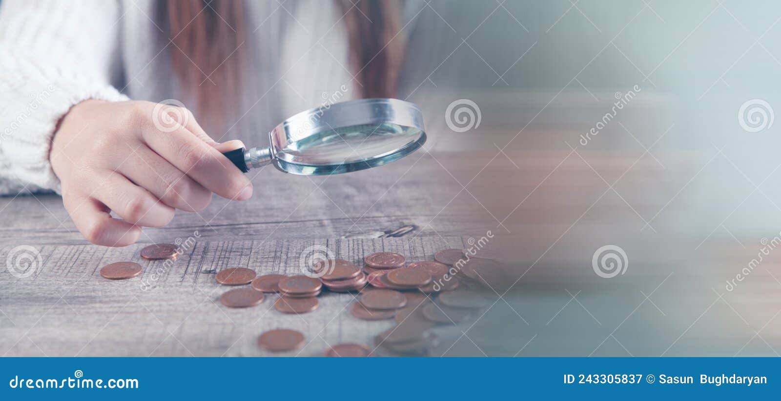 Magnifying Glass Looks at the Coins on the Table Stock Image - Image of ...