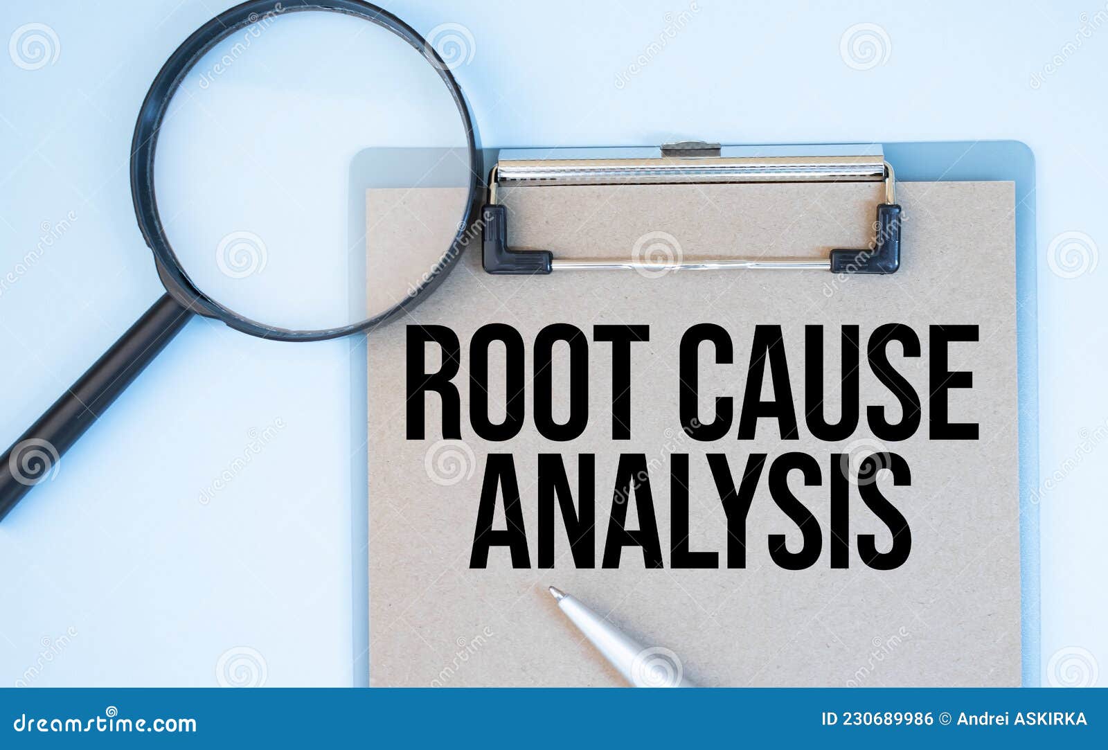 Magnifying Glass Loupe with Sign Root Cause Analysis Blue Table Stock ...