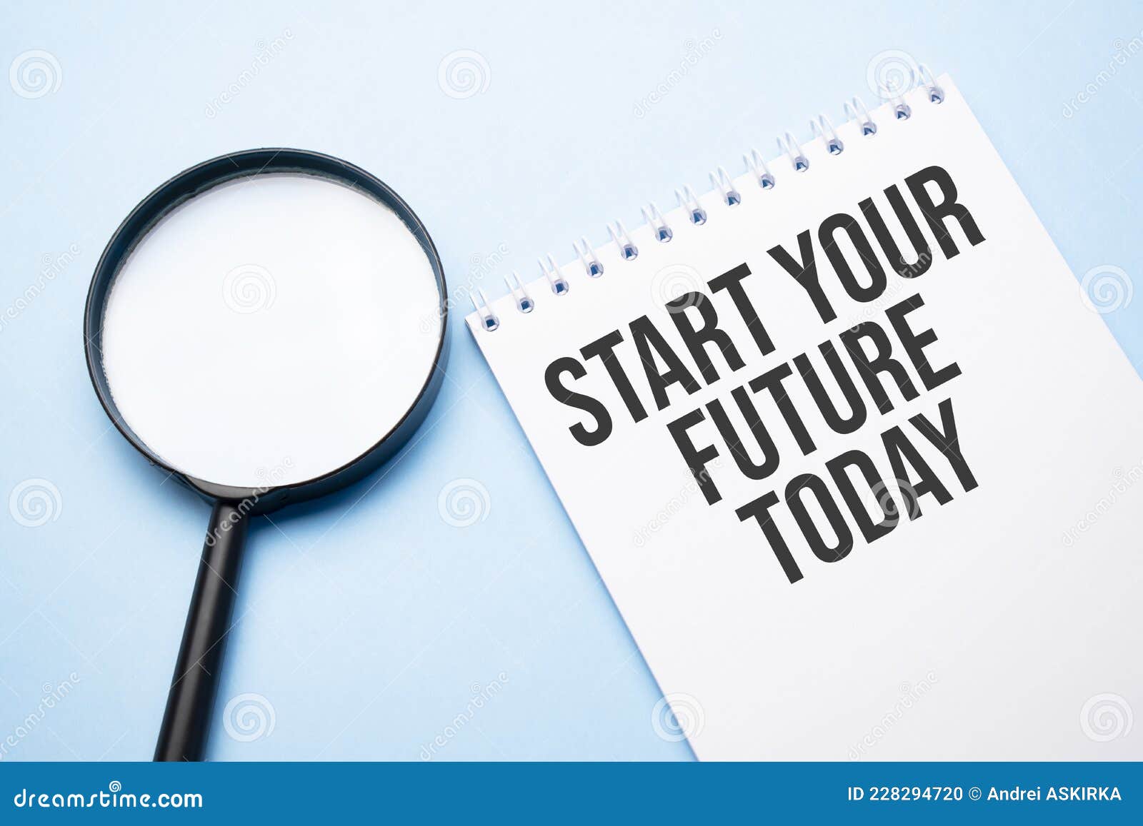 Magnifying Glass Loupe with Sign Start Your Future Today Blue Table ...