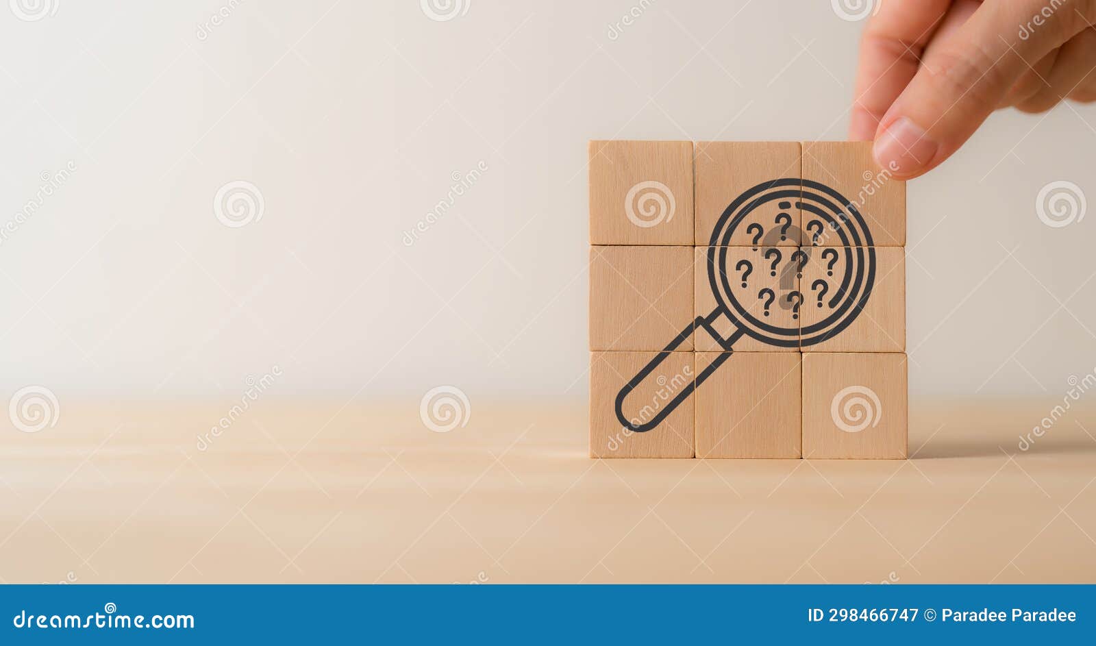 Magnifying Glass, Many Question Mark Icons On Wooden Cube Blocks ...