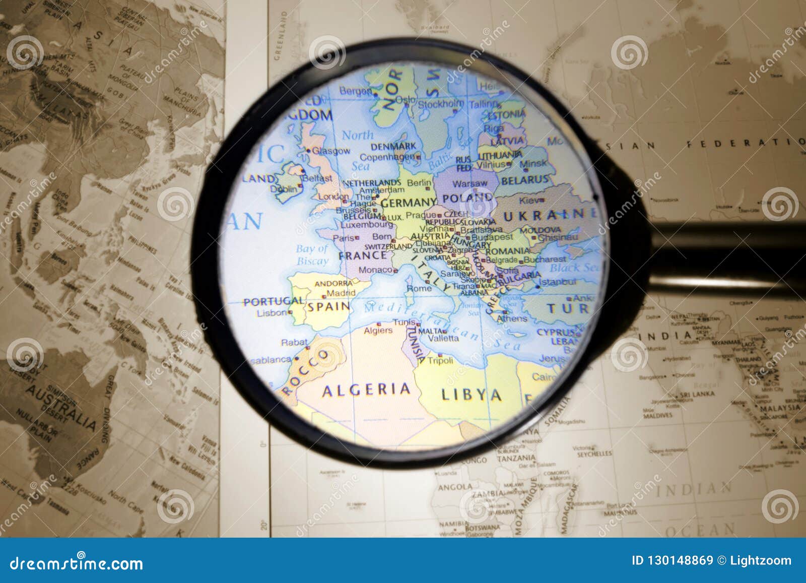 Magnifying Glass on Map stock image. Image of life, close - 130148869