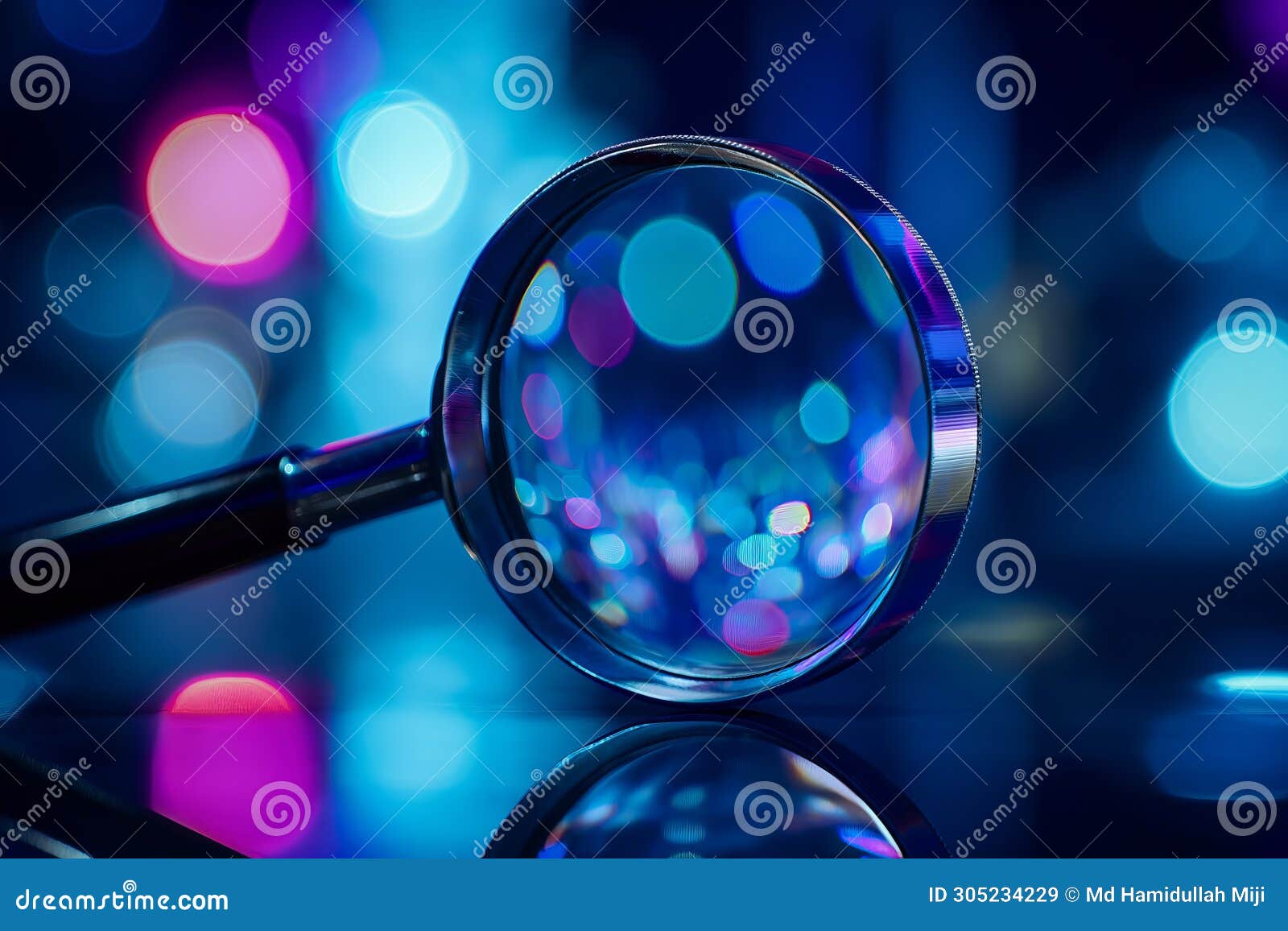 A Magnifying Glass on a Nighttime Background in Blue and Purple Colors ...