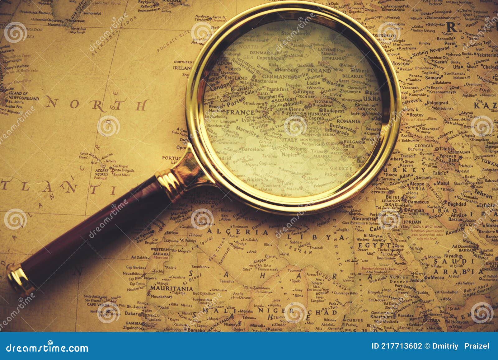 Magnifying Glass on the Old Map with Europe Stock Photo - Image of ...