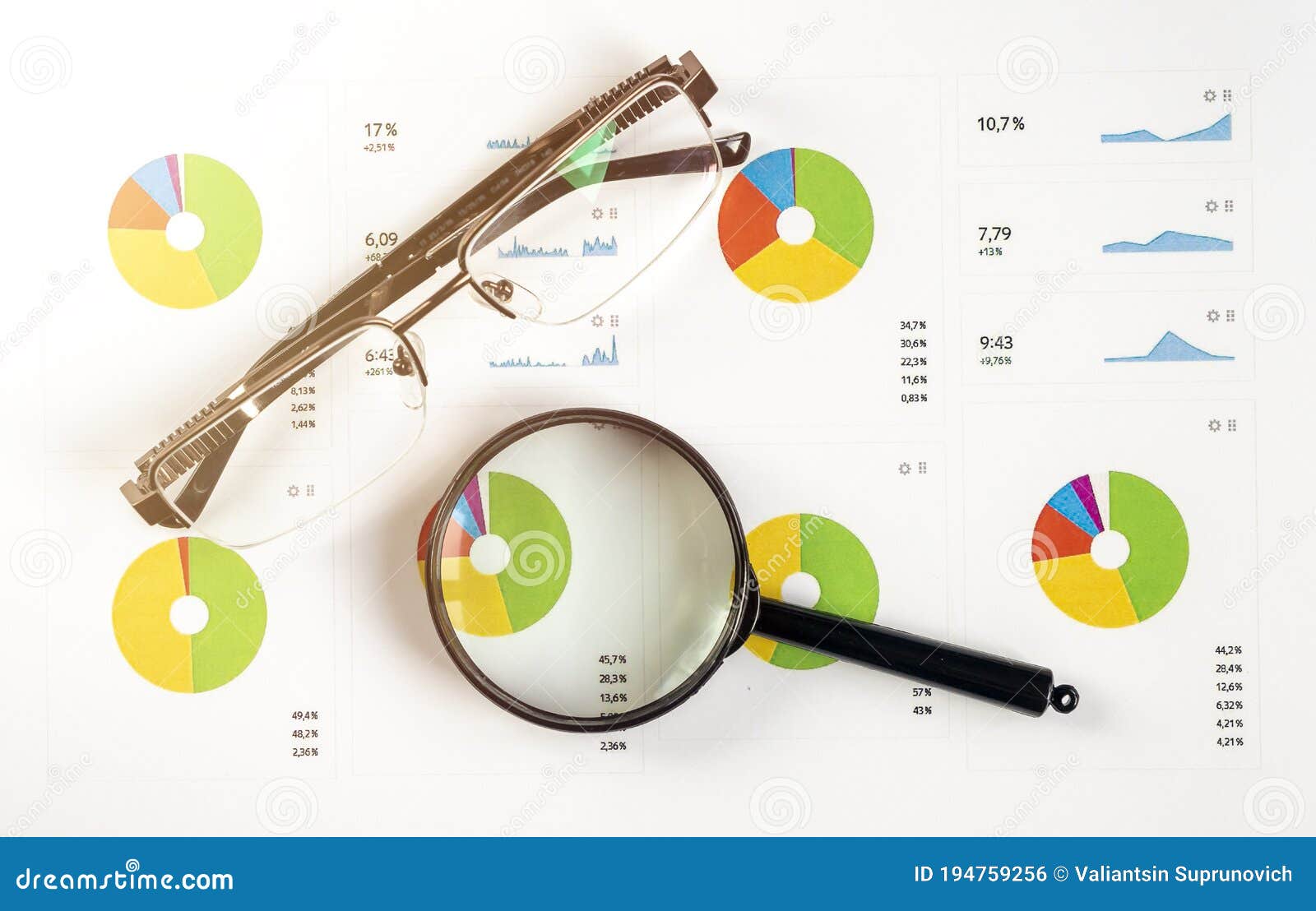 Magnifying Glass Over Colorful Graph Chart with Spectacles Eye Glasses ...
