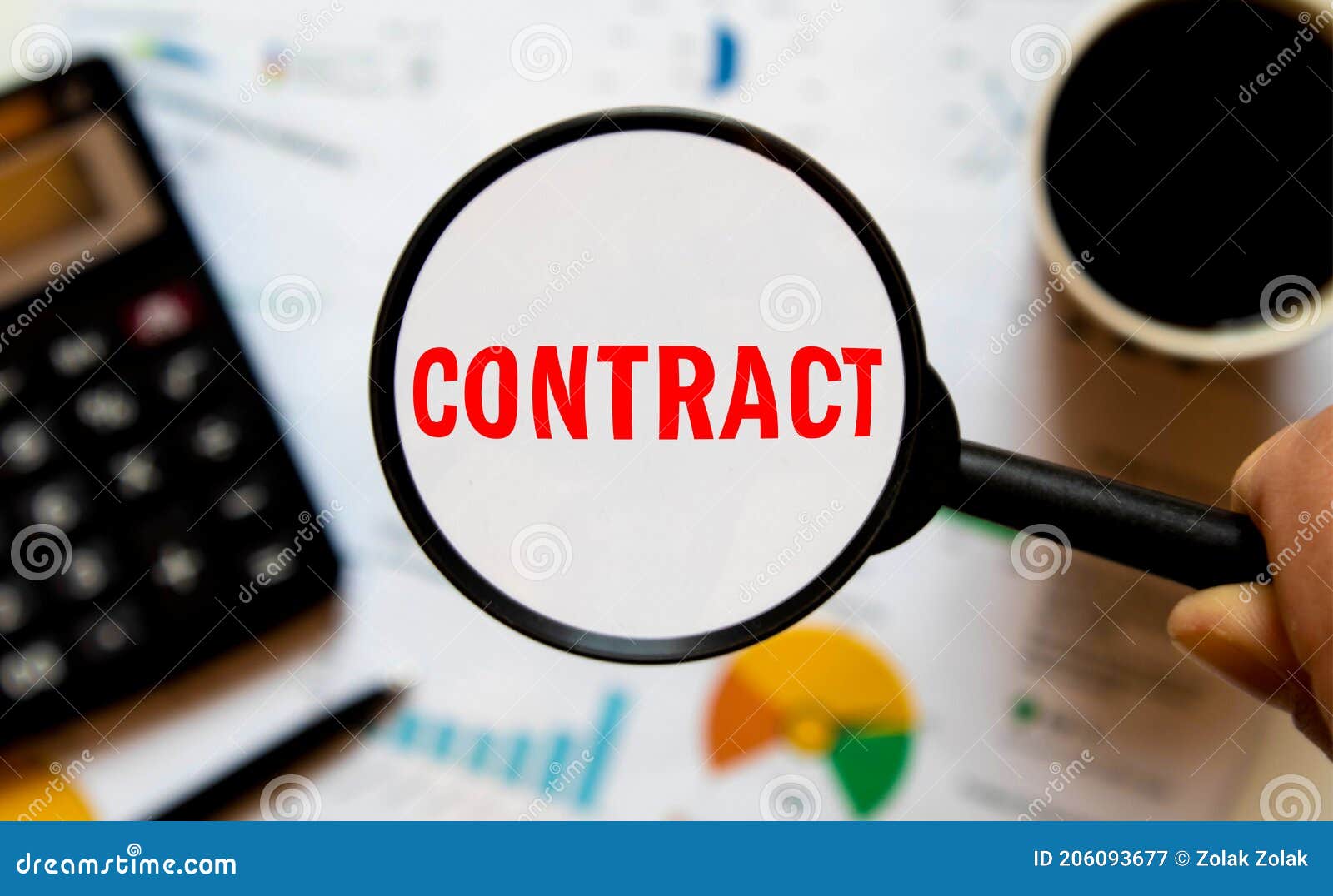 Magnifying Glass Over Contract Document, Highlighting the Word Contract ...