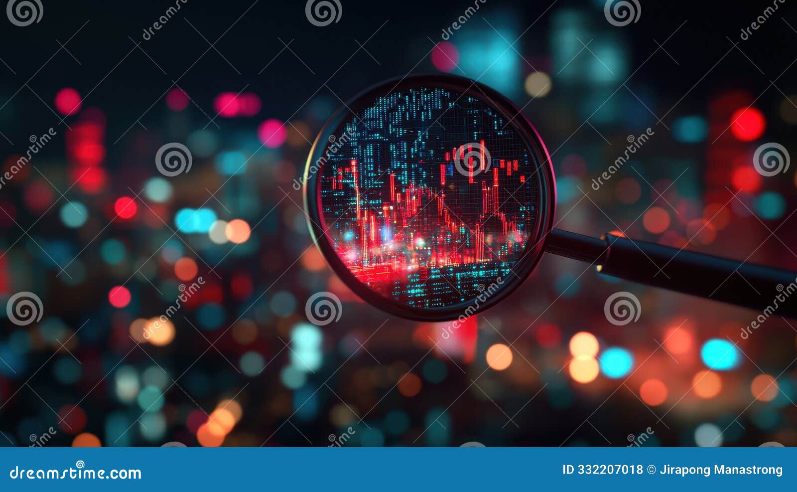 Magnifying Glass Over Data Grid with Glowing Charts, Vibrant Bokeh ...