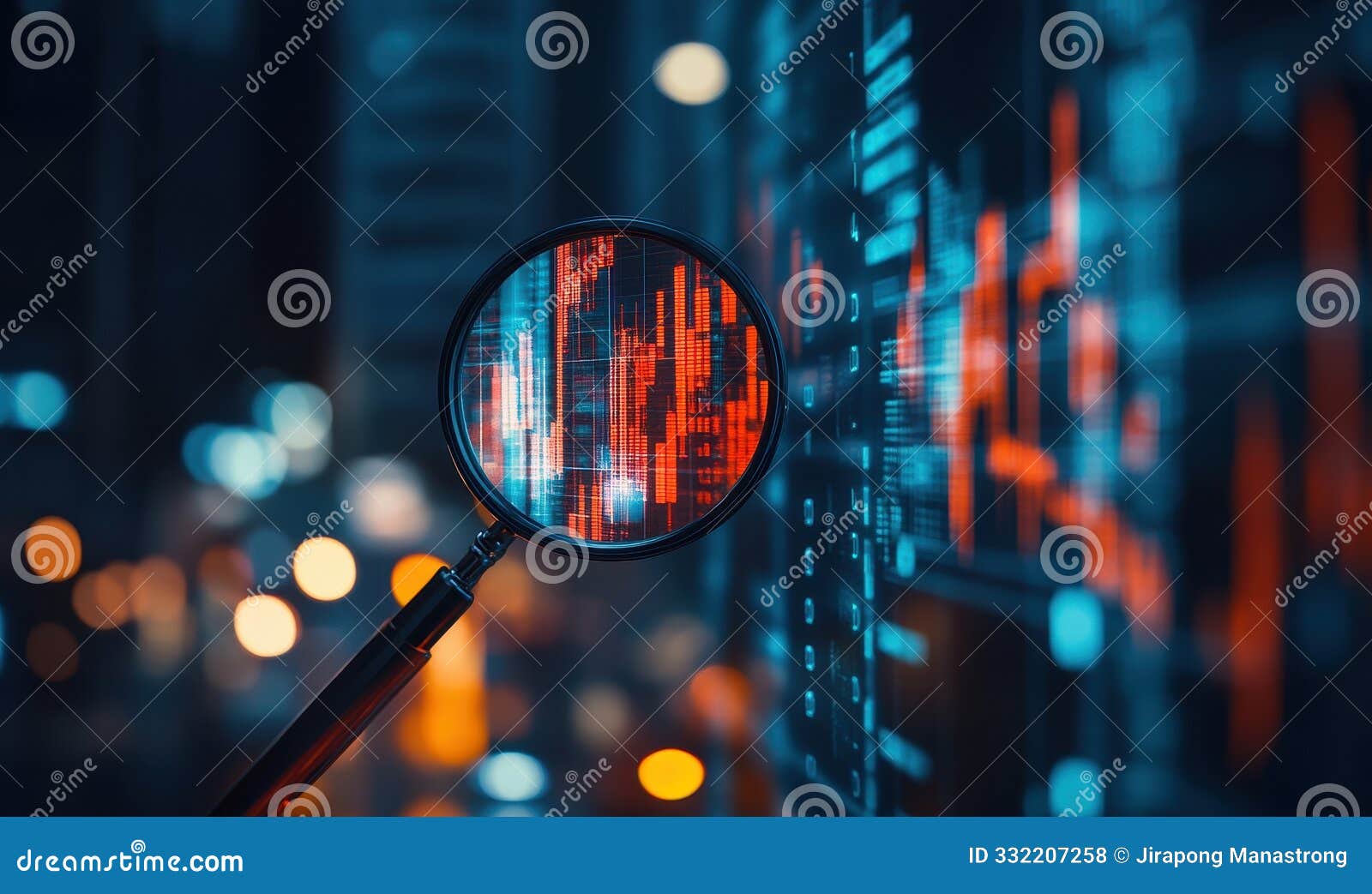 Magnifying Glass Over Data Grid with Glowing Charts, Vibrant Bokeh ...