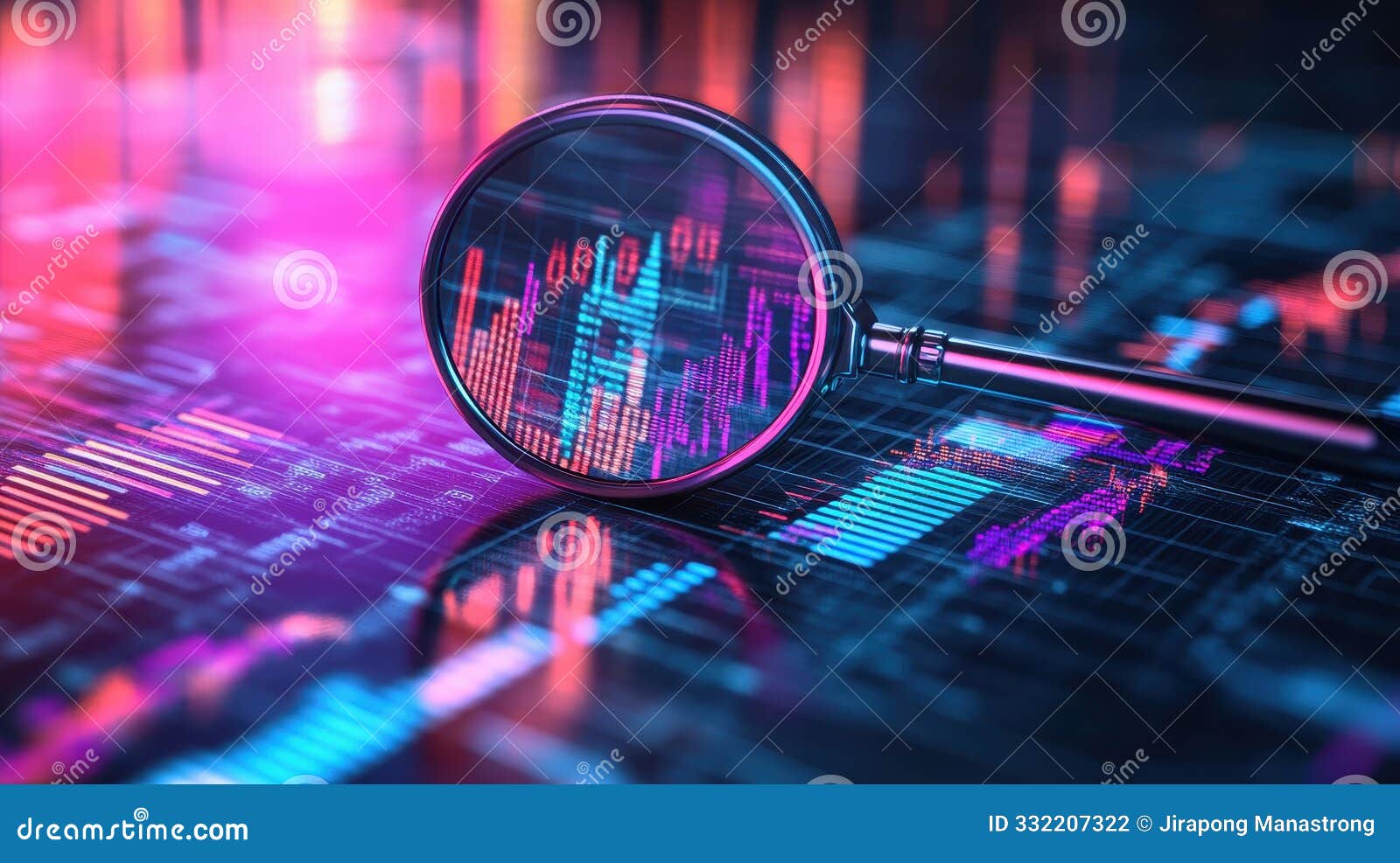Magnifying Glass Over Data Grid with Glowing Charts, Vibrant Bokeh ...