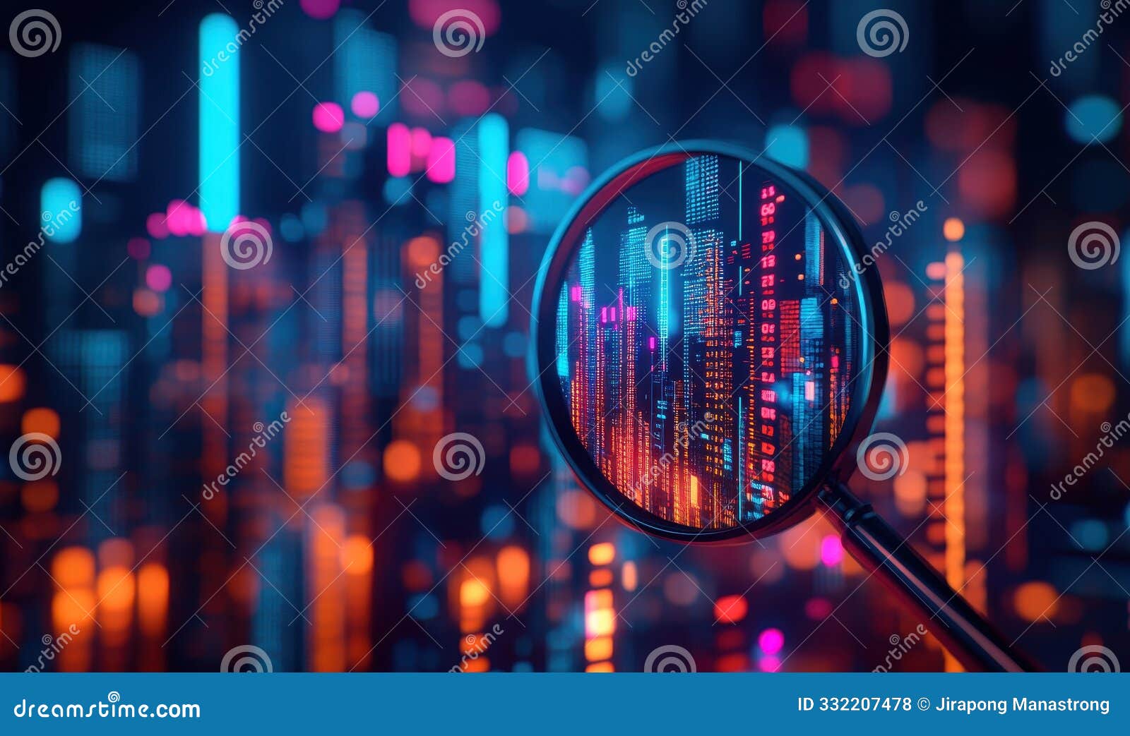 Magnifying Glass Over Data Grid with Glowing Charts, Vibrant Bokeh ...