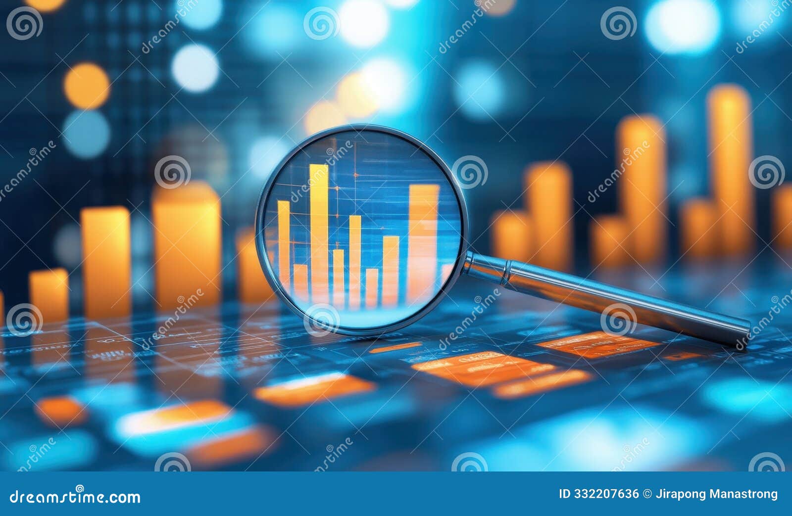 Magnifying Glass Over Data Grid with Glowing Charts, Vibrant Bokeh ...