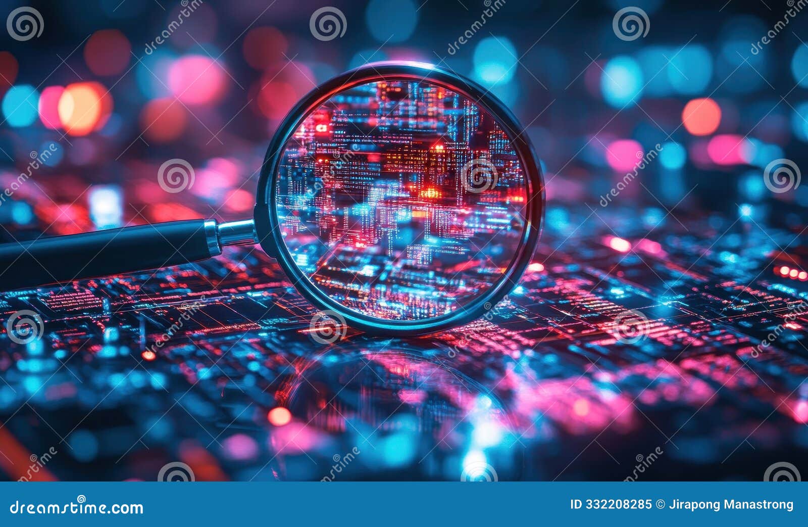 Magnifying Glass Over Data Grid with Glowing Charts, Vibrant Bokeh ...