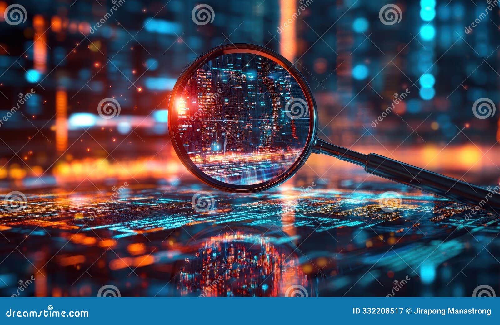 Magnifying Glass Over Data Grid with Glowing Charts, Vibrant Bokeh ...