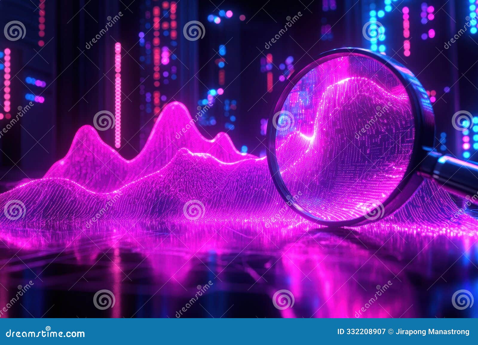 Magnifying Glass Over Data Grid with Glowing Charts, Vibrant Bokeh ...