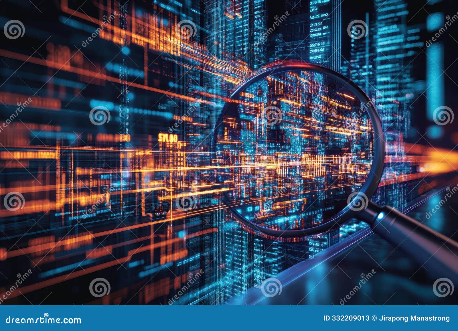 Magnifying Glass Over Data Grid with Glowing Charts, Vibrant Bokeh ...