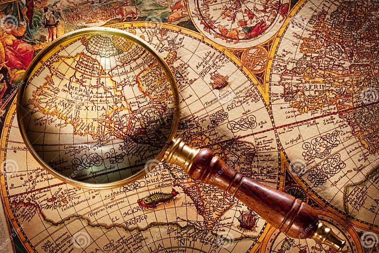 Magnifying glass over map. stock image. Image of study - 35535599