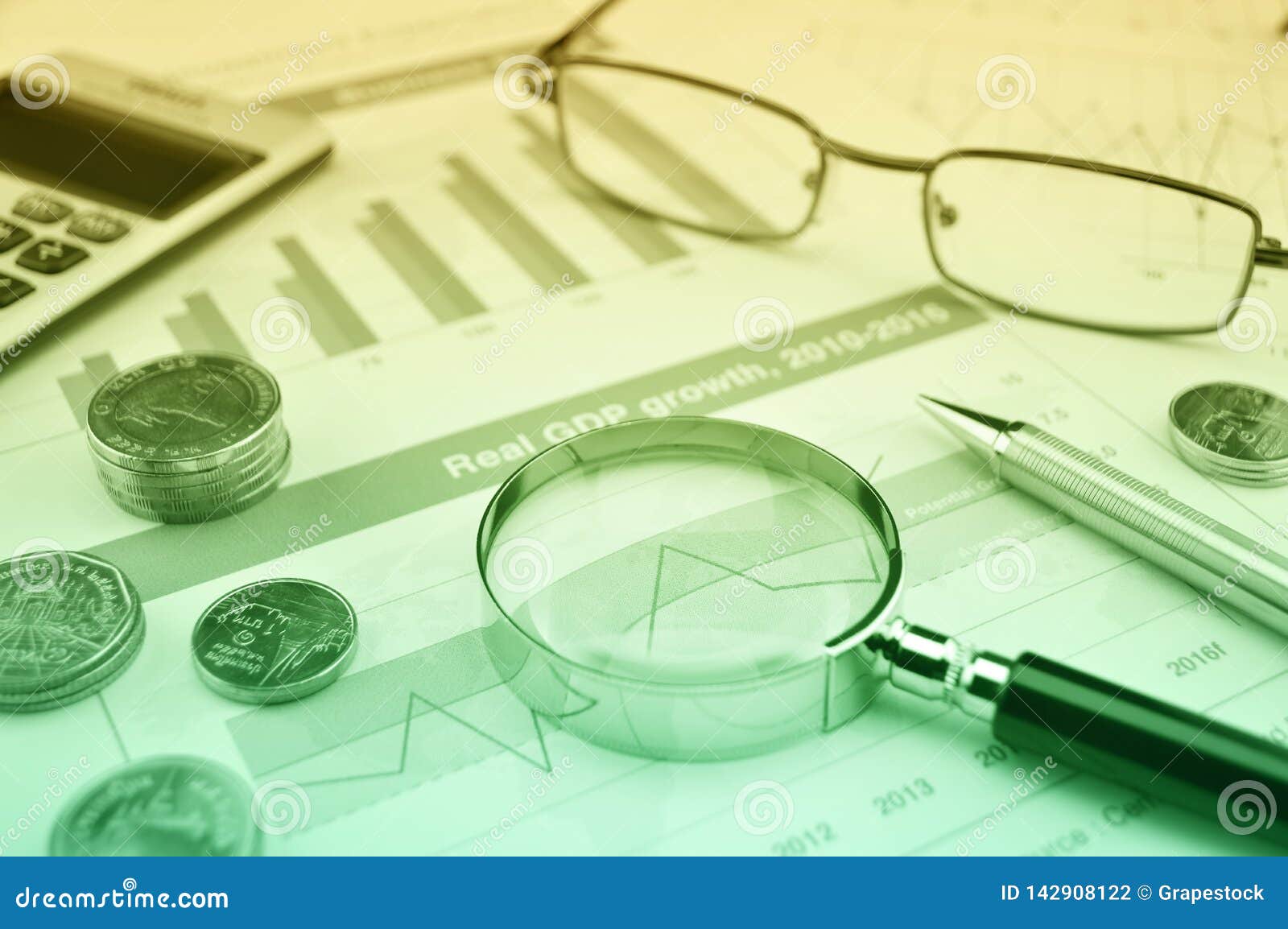 Magnifying Glass, Pen, Coins, Calculator and Glasses on Growth ... Magnifying Glass, Pen, Coins, Calculator and Glasses on Growth ...