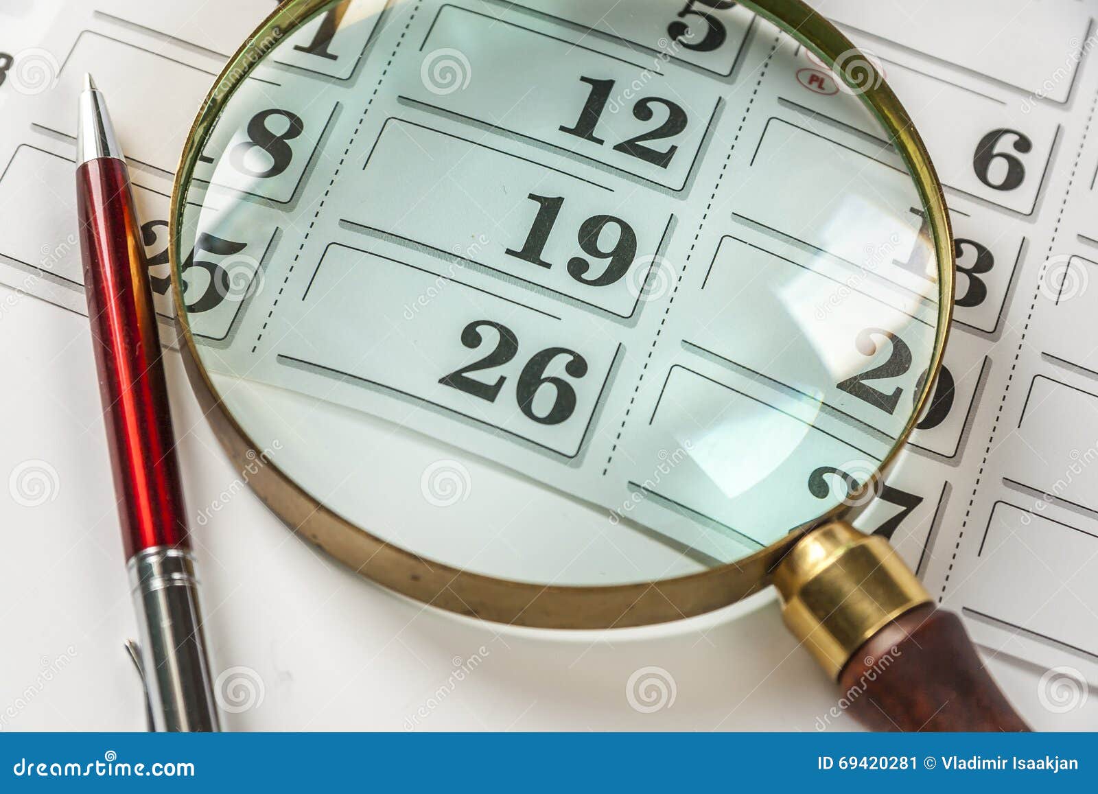 Magnifying Glass and Pen on Calendar Stock Image - Image of analyzing ...
