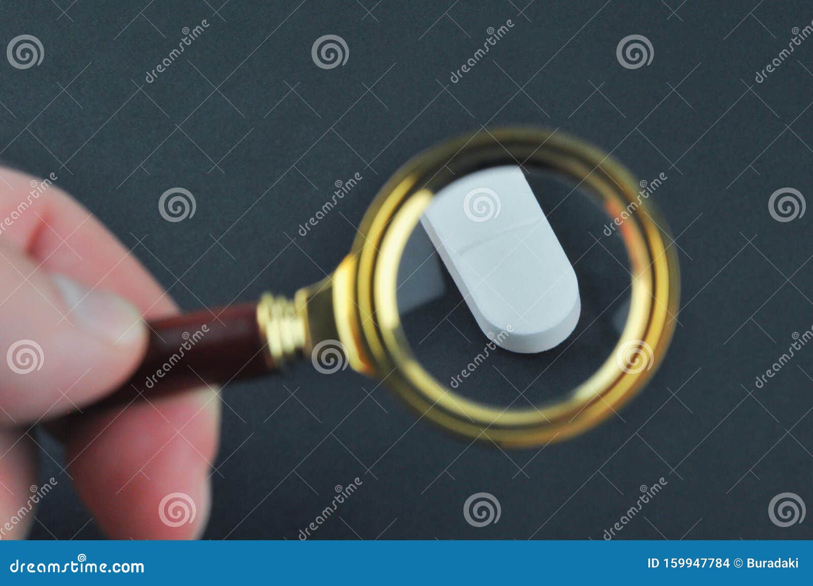 Magnifying Glass and Pill. Testing of Medicinal Substance Quality Stock ...
