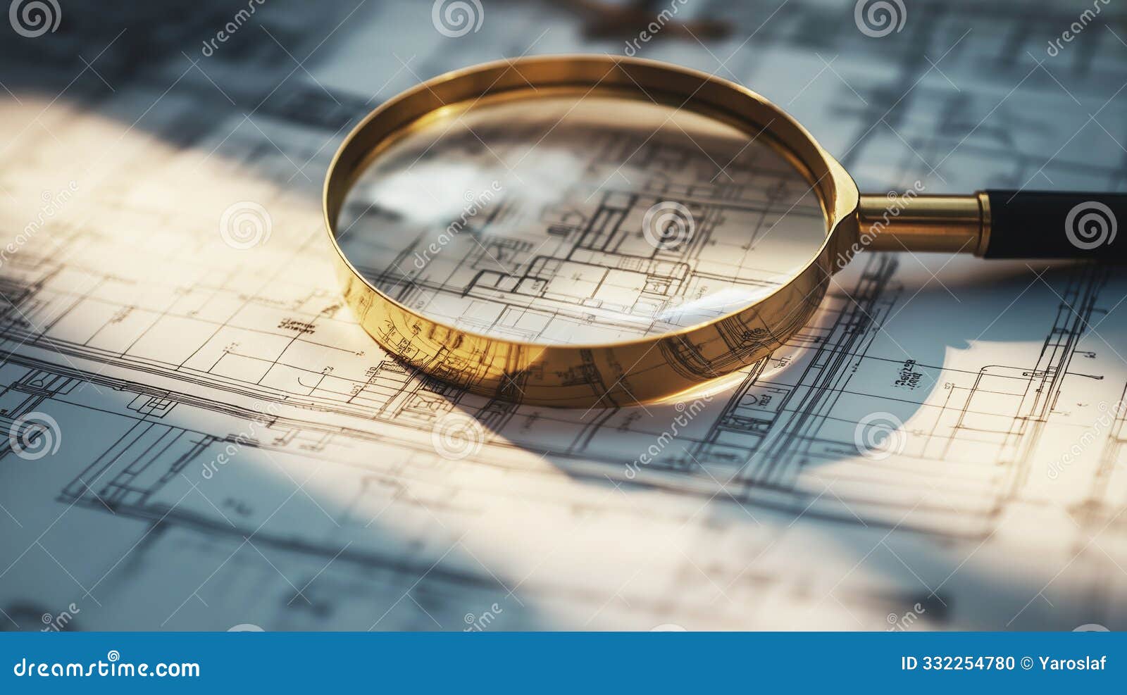 Magnifying Glass Placed on Architectural Blueprints with Detailed ...