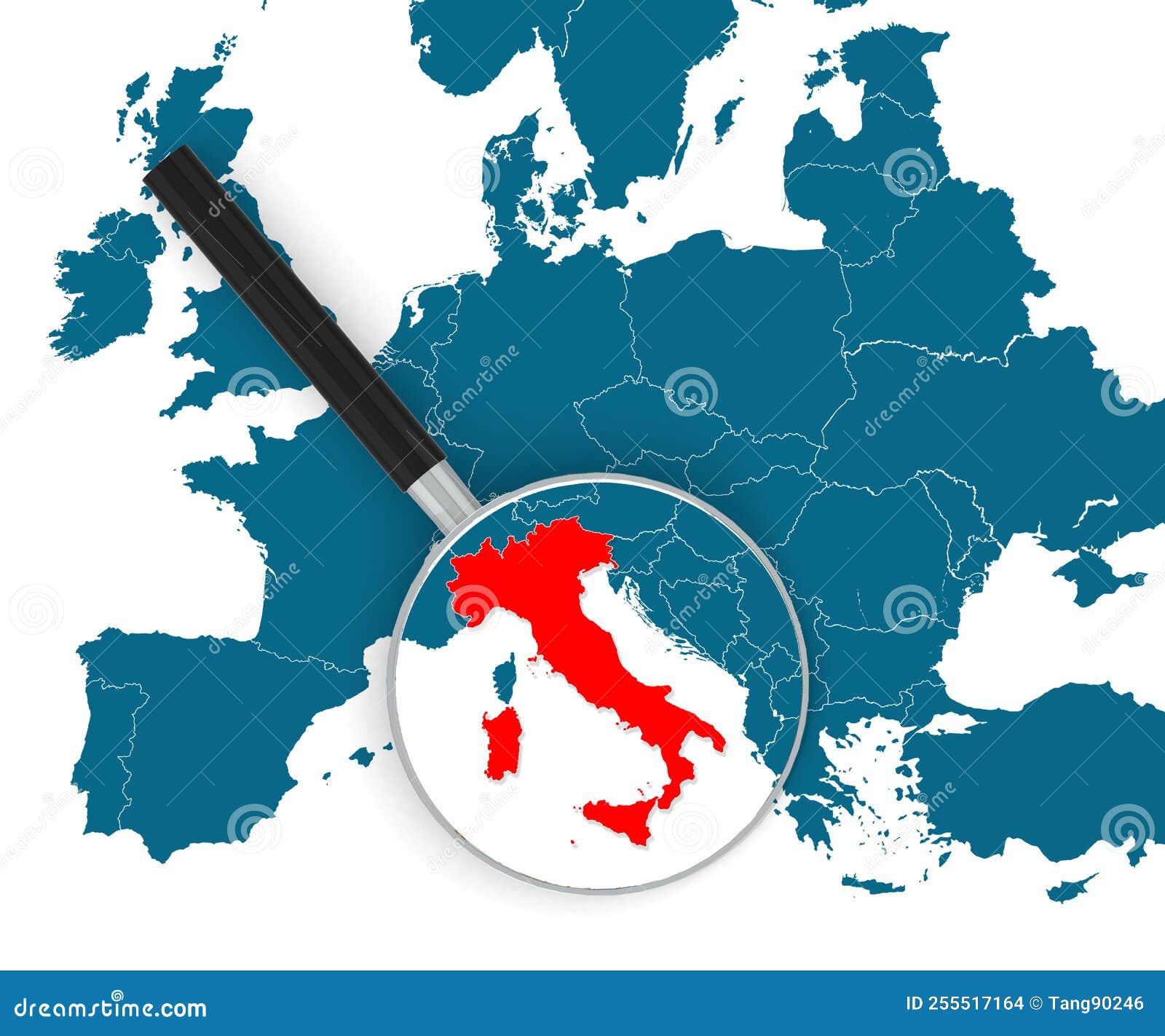 Magnifying Glass Pointing at Italy Map Stock Illustration ...