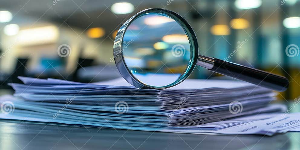 A Magnifying Glass Positioned Over a Stack of Various Important ...