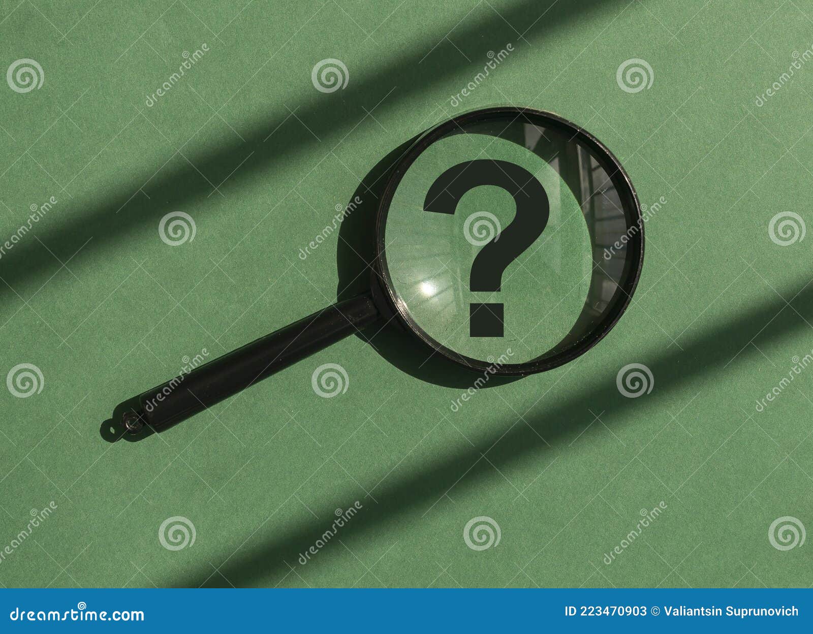 Magnifying Glass with Question Mark Inside on Green Background. Concept ...