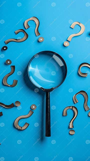 Magnifying Glass and Question Marks on Blue Background Stock Photo ...