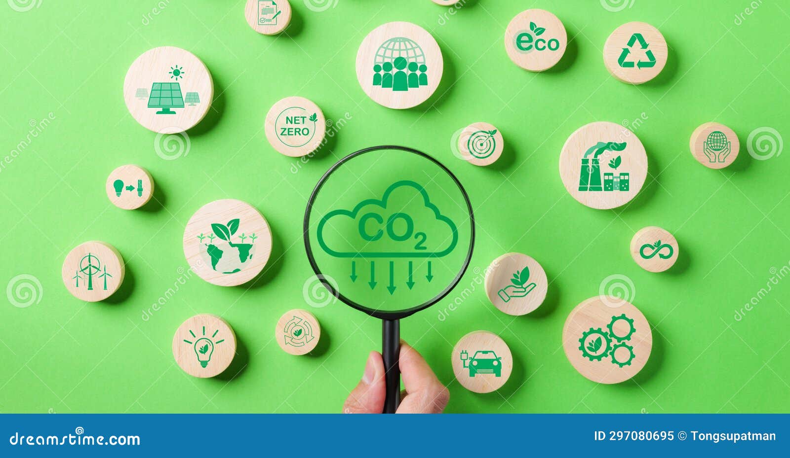 Magnifying Glass with Reduce CO2 Emission Concept, Environment Icons Decrease CO2, Reduction ...