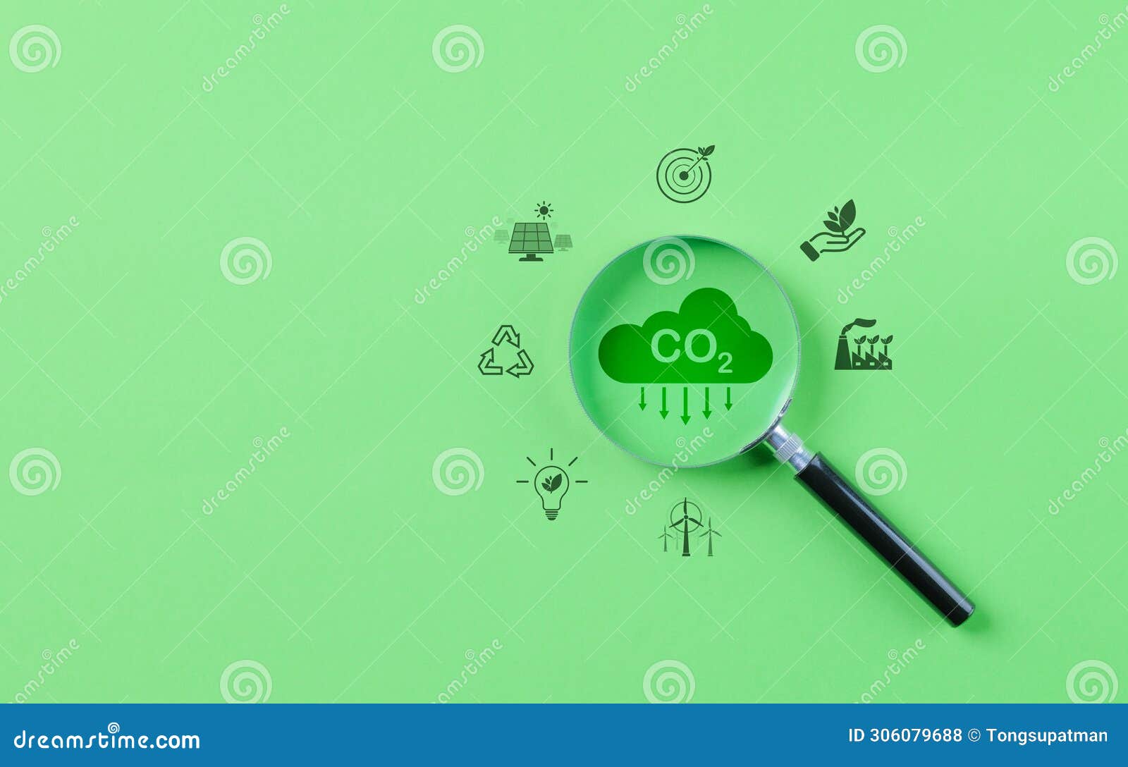 Magnifying Glass with Reduce CO2 Emission Concept, Environment Icons Decrease CO2, Reduction ...