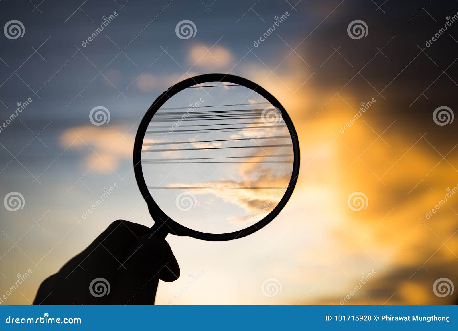 Magnifying Glass Scan Clound and Electric Wire on Sunset Sky Stock ...