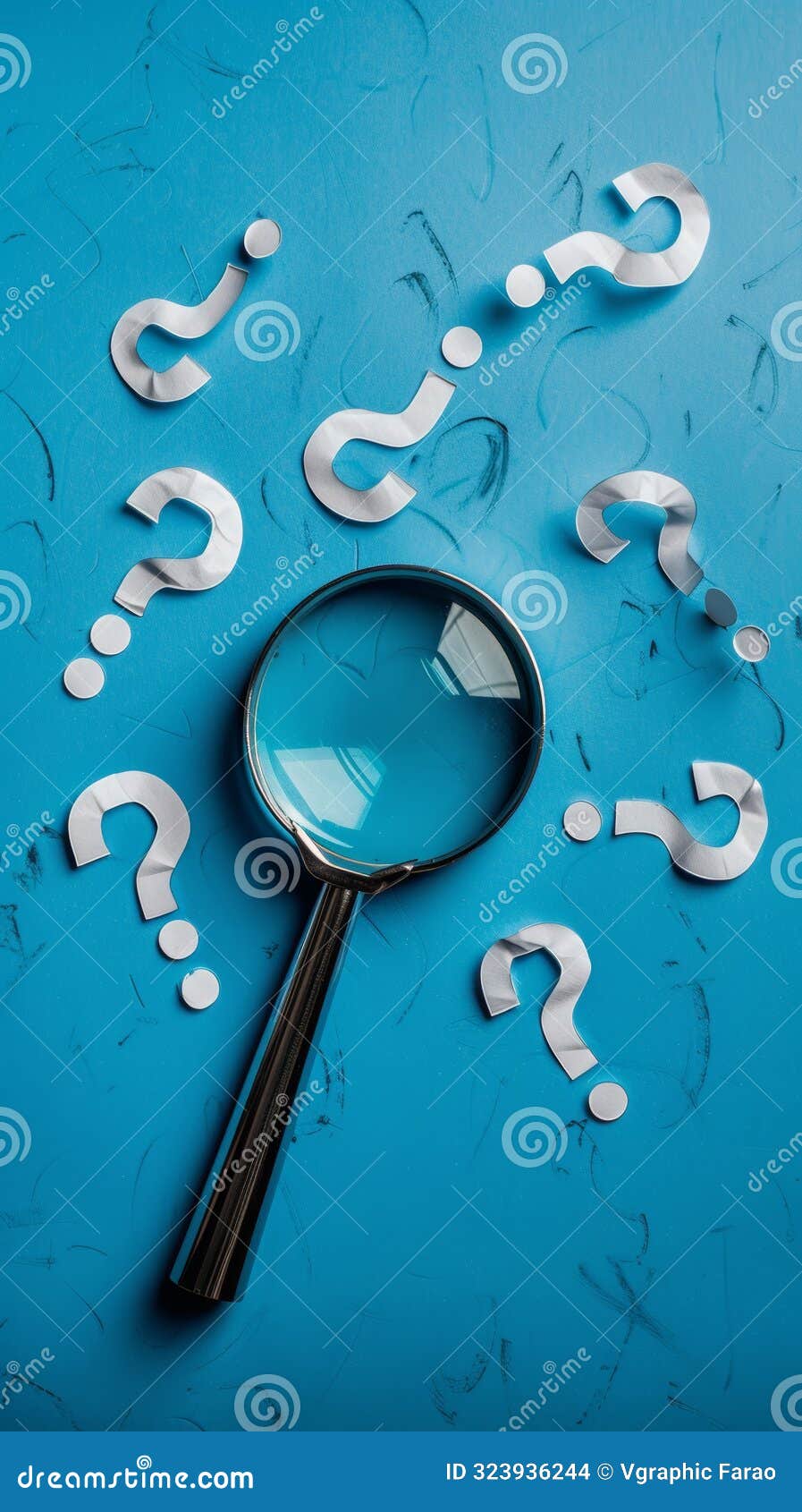 Magnifying Glass with Scattered Paper Question Marks on Blue Background ...