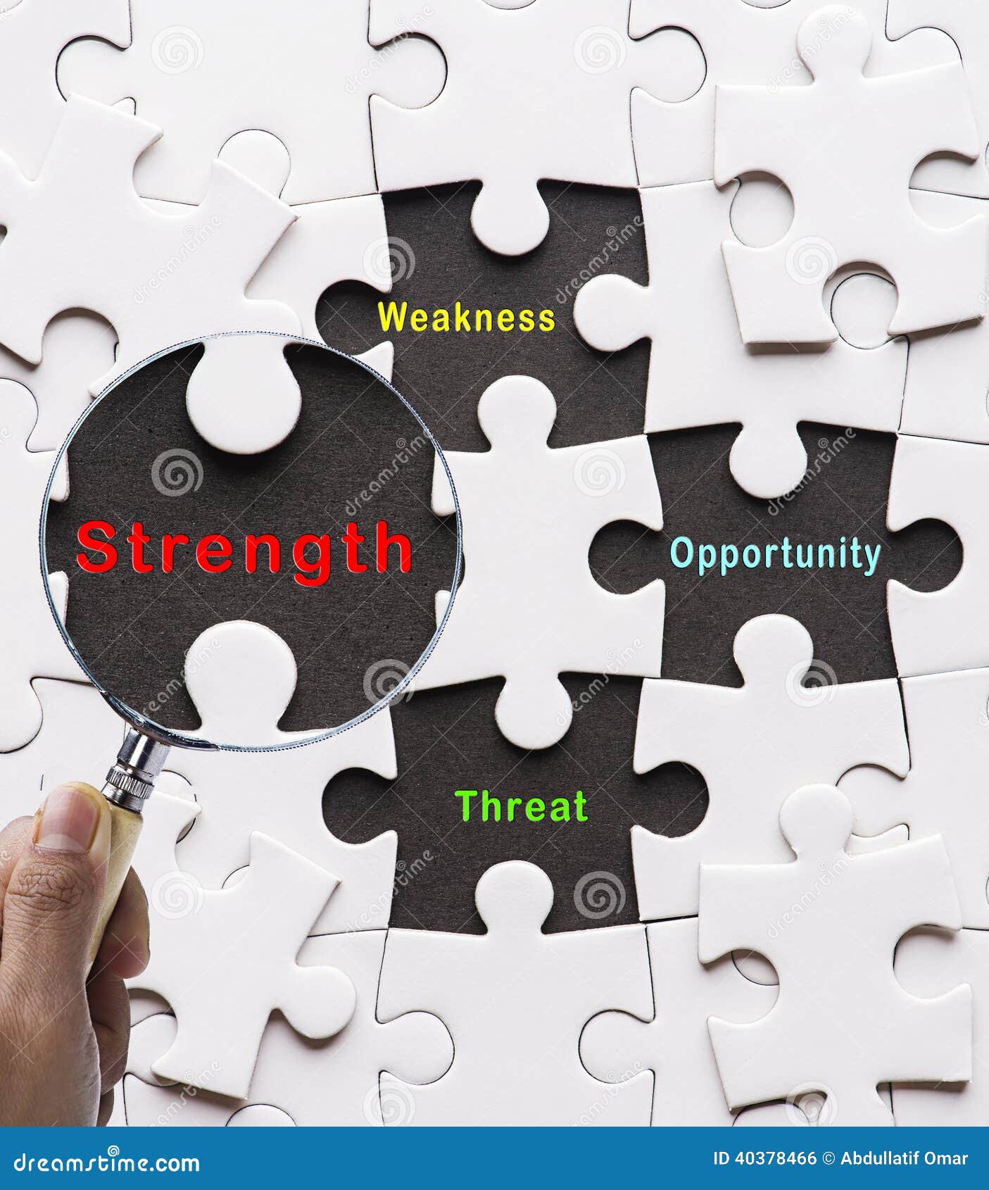 Magnifying Glass Searching Missing Puzzle Peace STRENGTH SWOT Concept ...
