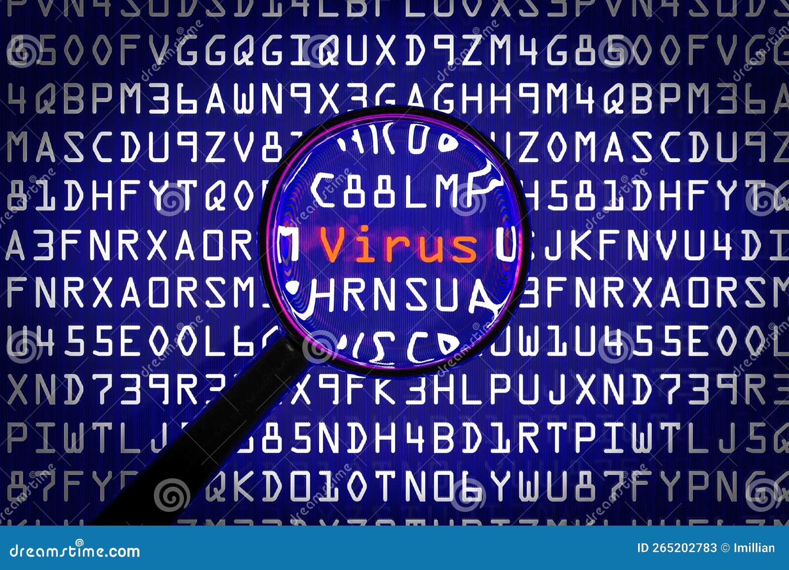 Magnifying Glass Searching the Word Virus on Dark Blue Computer Screen ...