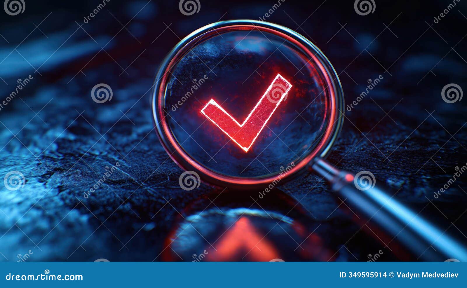 Magnifying Glass Shows Glowing Red Checkmark on Dark Surface. Quality ...