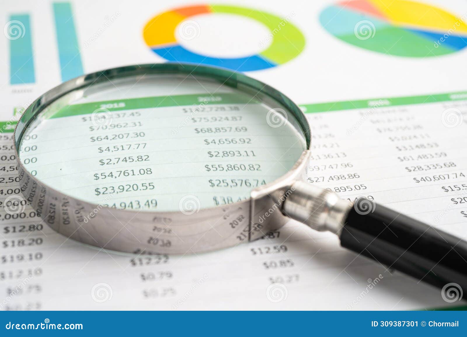 Magnifying Glass on Spreadsheet and Graph Paper. Financial Development ...