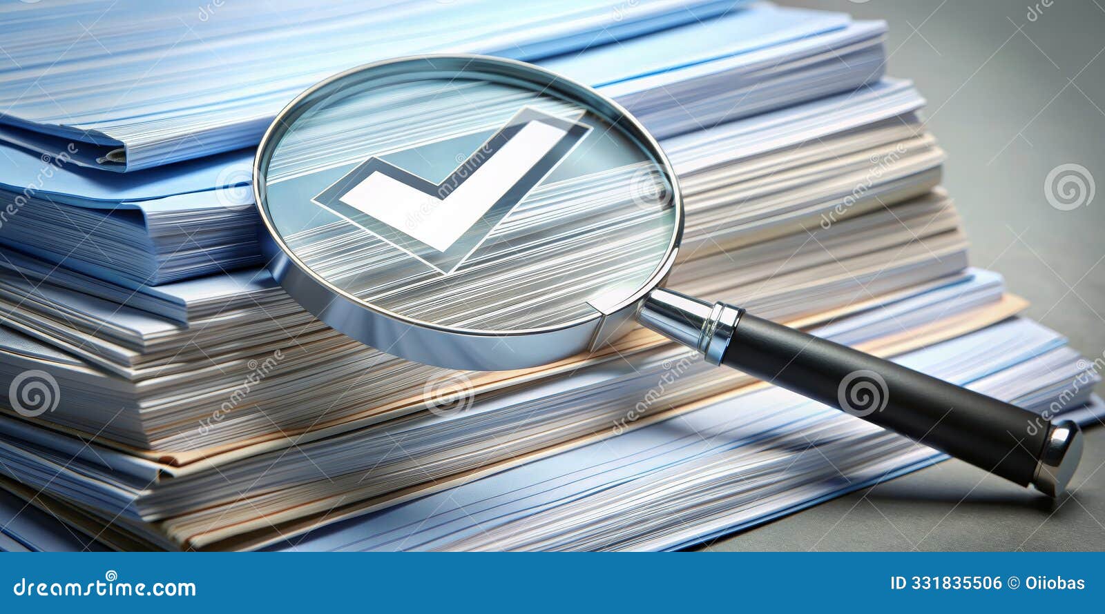 Magnifying Glass on a Stack of Papers with a Checkmark Inside, Paper ...