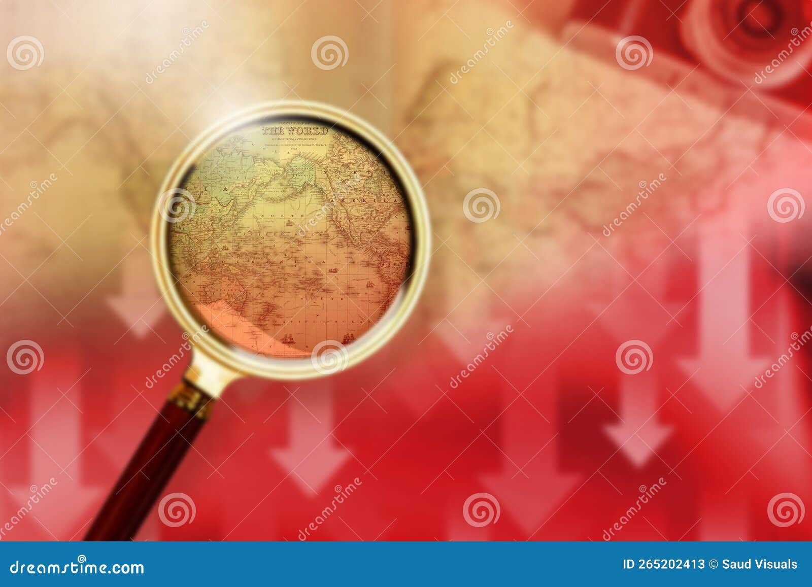 Magnifying Glass On Vintage Retro The World Map Economy Downgrade