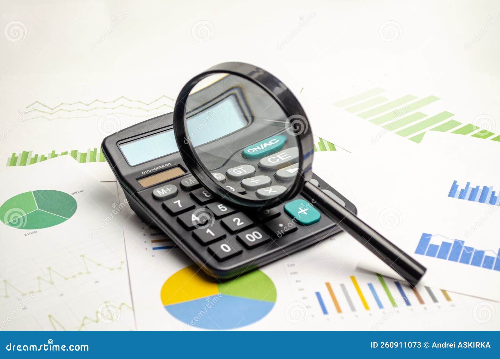 Magnifying Glass and Working Paper with Calculator Stock Image - Image ...
