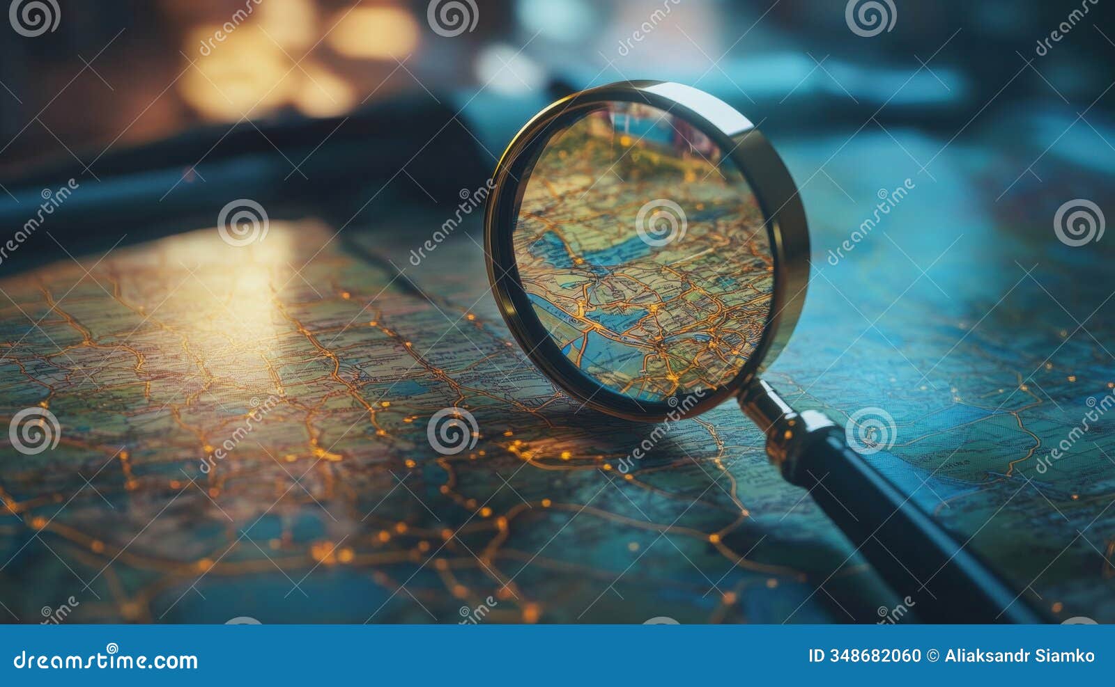 Magnifying Lens on Map Representing Location Search and Geography ...